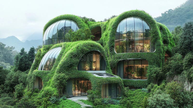 Modern Green House with Curved Walls and Large Windows Stock ...