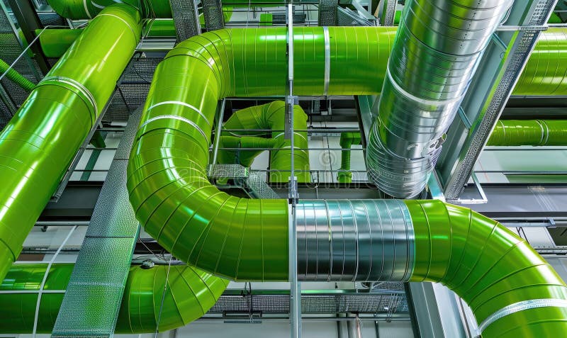 Modern Green Industrial Pipelines in a Factory Setting, Showcasing ...