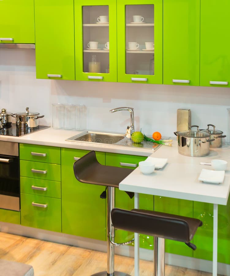 Modern Green Kitchen Clean Interior Design Stock Photo - Image of food ...