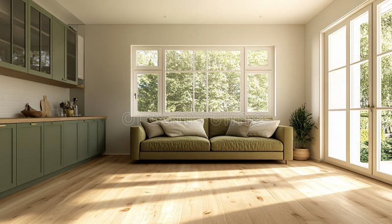 Modern Green Kitchen & Living Room Interior Design High Quality Image ...