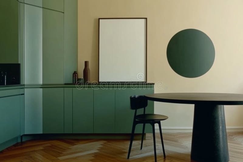 Modern Green Kitchen with Minimalist Design Featuring Round Dining ...