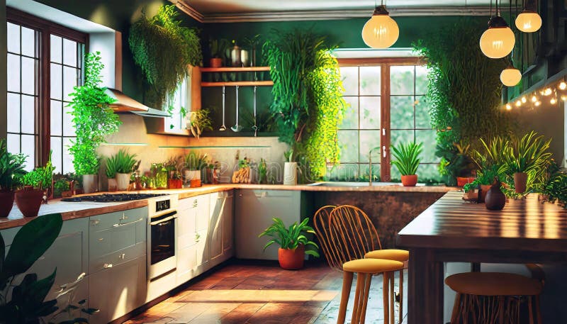 Modern Green Kitchen with Plants Stock Illustration - Illustration of ...
