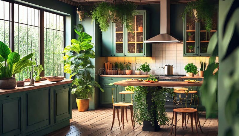 Modern Green Kitchen with Plants Stock Illustration - Illustration of ...