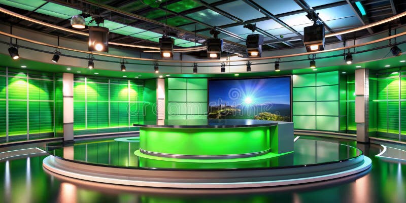 Modern Green News Studio with Circular Desk, 3D Render, Broadcast ...