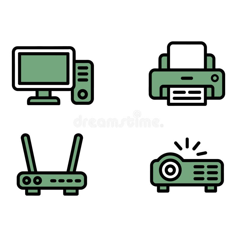 Modern Green Office Technology Icons Computer Printer Router Projector ...