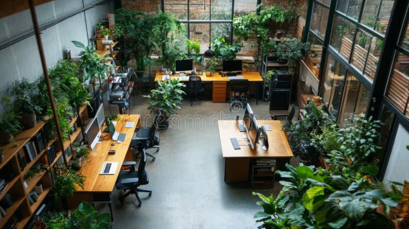 Modern and Green Office Workspace with Abundant Plants Stock ...