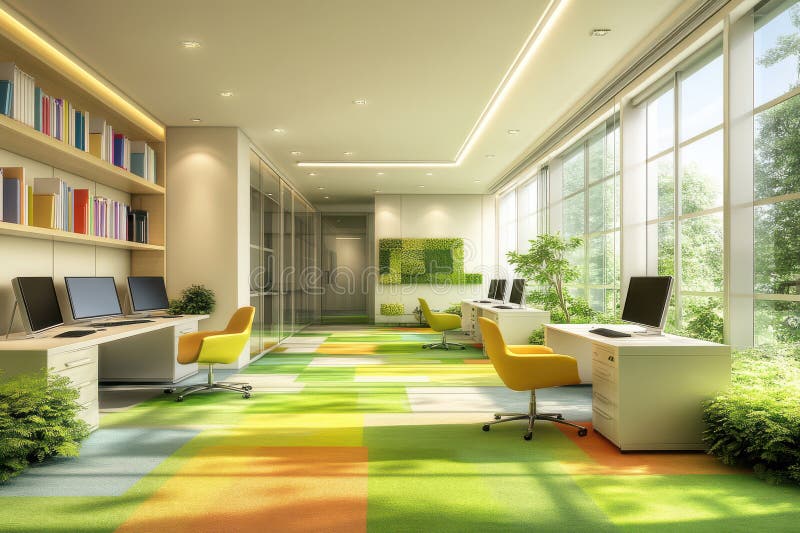 Modern Green Office Workspace Design with Computers and Yellow Chairs ...