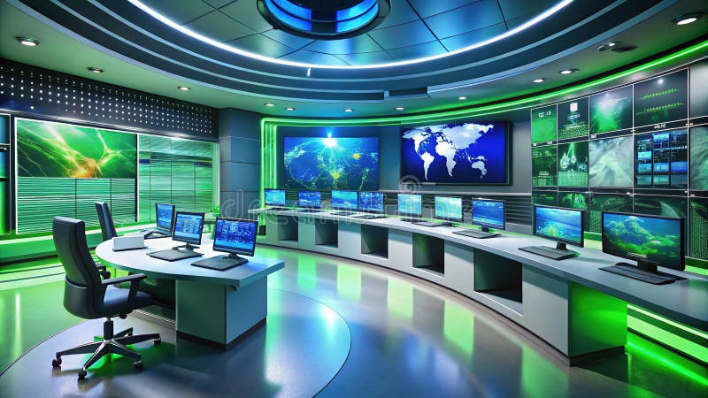 Modern Green Screen News Studio Control Room a Professional Broadcast ...