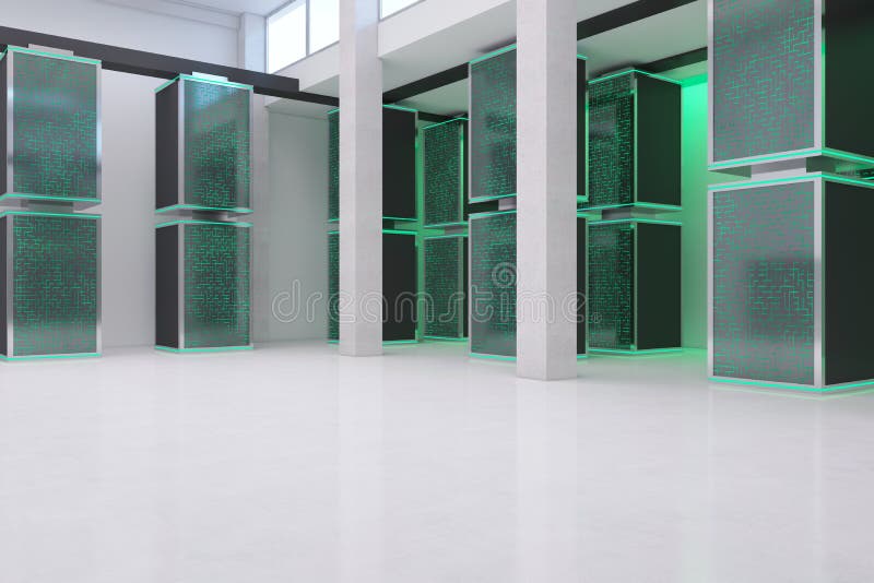 Modern Green Server Room Interior. Database and Technology Concept ...