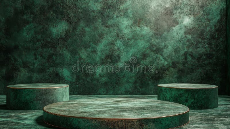 Modern Green Textured Backdrop with Three Circular Platforms in a ...