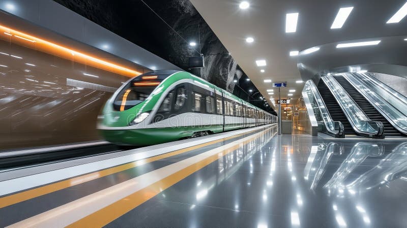 Modern Green Train Arriving at Underground Station Platform Stock Photo ...