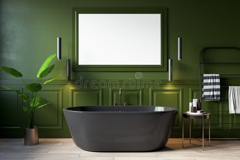 Modern Green and Wooden Bathroom Interior with Empty White Mock Up ...