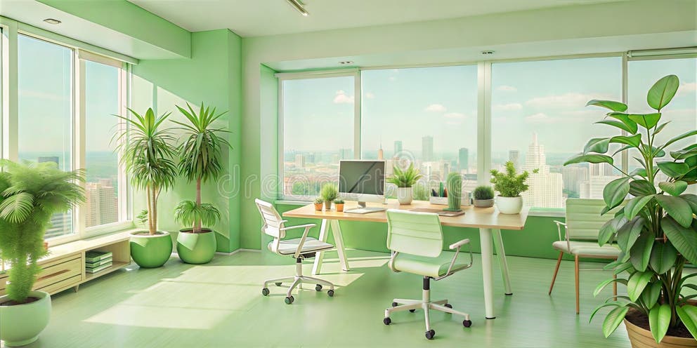 Modern Green Workspace with Panoramic Urban View and Greenery Stock ...