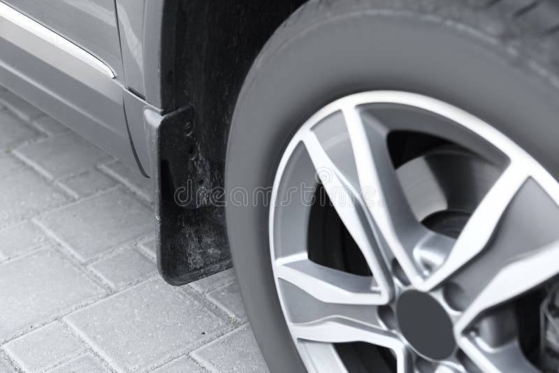 Modern Grey Car Parked on Paved Road, Closeup Stock Photo - Image of ...