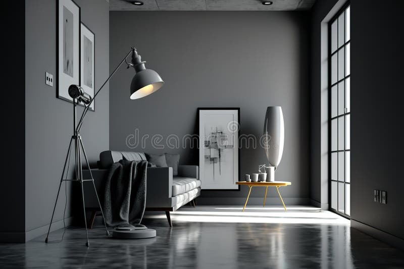 Modern Grey Interior with Black Floor Lamp Stock Illustration ...
