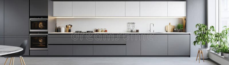 Modern Grey Kitchen Design Minimalist Composition, Clean Lines, White ...
