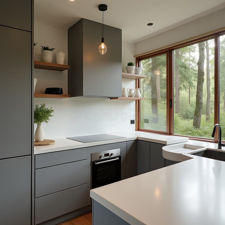 Modern Gray Kitchen with Forest View Stock Illustration - Illustration ...