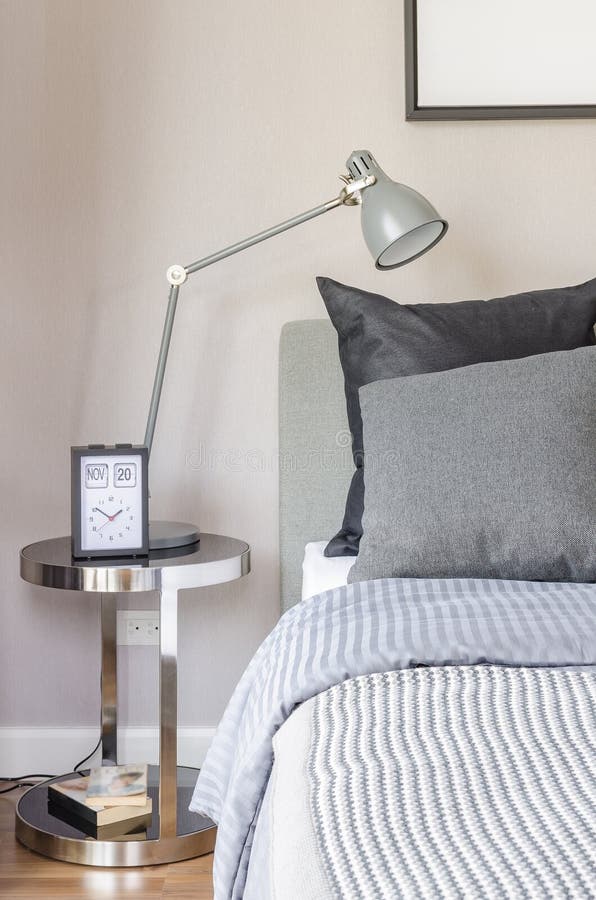Modern Grey Lamp with Alarm Clock on Side Table in Bedroom Stock Image ...