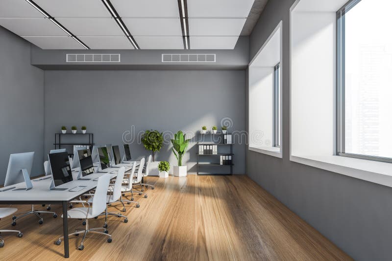 Modern Grey Open Space Office, Side View Stock Illustration ...