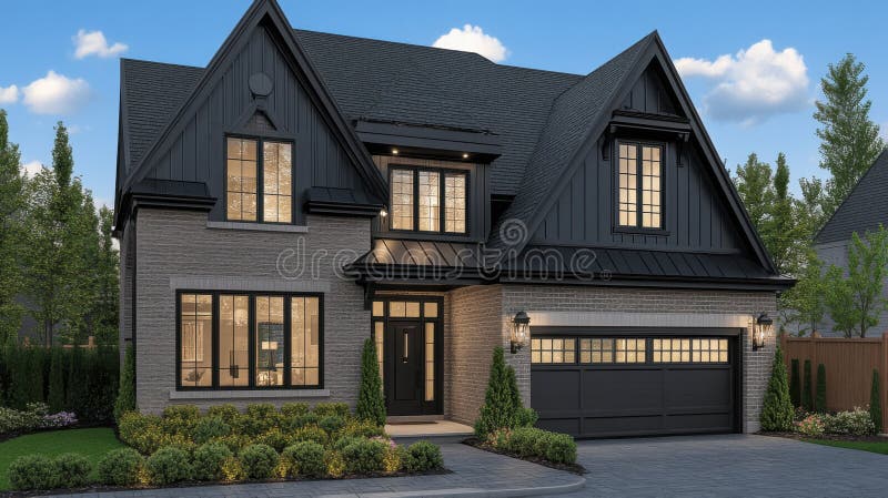 Modern Grey Stone House with Black Roof at Dusk Stock Photo - Image of ...