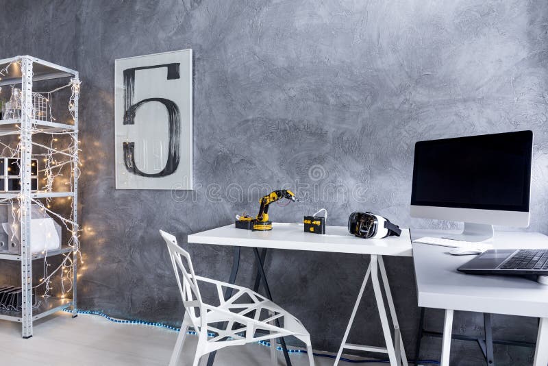 Modern Grey Study Area with a Big Desk Stock Image - Image of ...