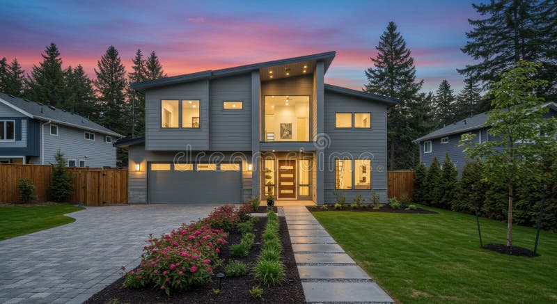 Modern Grey Two Story House at Sunset Stock Illustration - Illustration ...