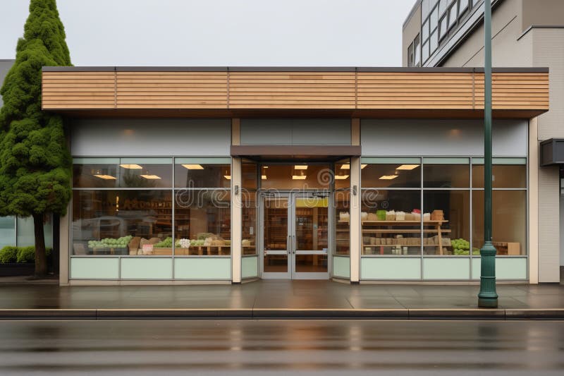 Modern Grocery Shop Front with Wooden Design Elements and Clear Glass ...