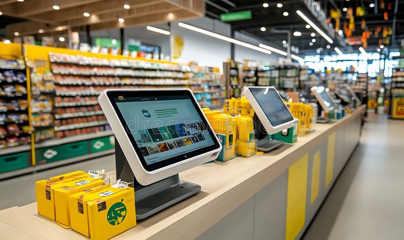 AI-Powered Self-Checkout Kiosks in a Modern Store Stock Illustration ...