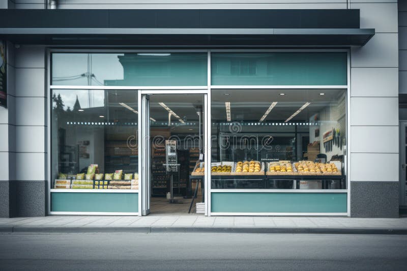 Modern Grocery Store Exterior Featuring Large Window Display and ...