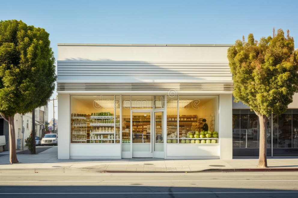 Modern Grocery Storefront Featuring a Large Window Display and ...