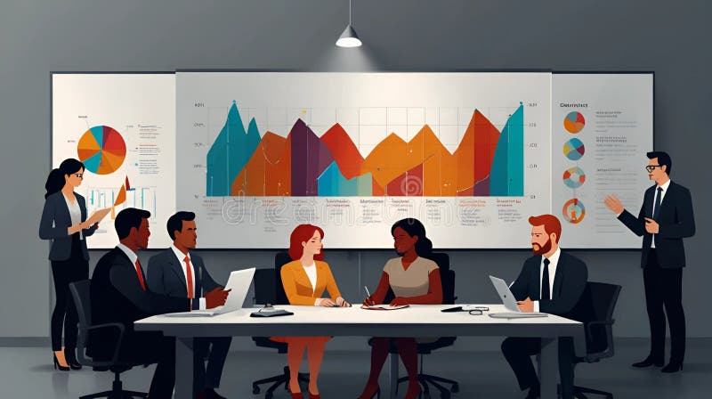 Modern Group Presentation Scene with Diverse Professionals and Vibrant ...