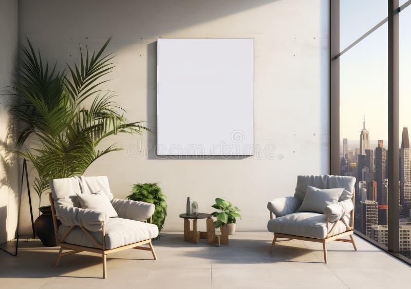 Modern Grunge Concrete Loft Interior with Empty Wall and City View ...