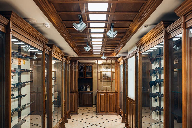 Modern Gun Store Interior with Different Rifles on Showcase Stock Photo ...