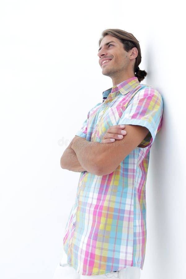 Modern Guy Leaning on Wall and Looking Forward. Stock Image - Image of ...