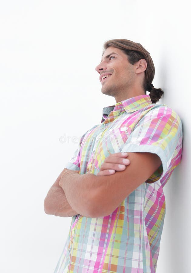 Modern Guy Leaning on Wall and Looking Forward. Stock Image - Image of ...