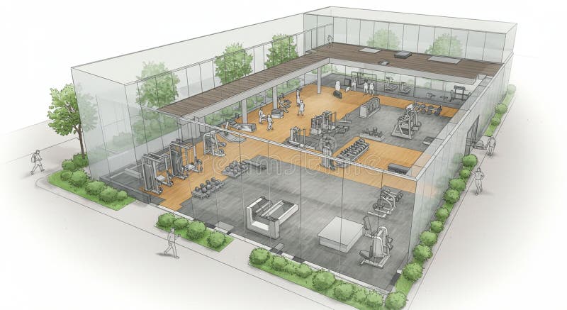 Modern Gym Design Featuring a Spacious Interior with Large Glass Walls ...