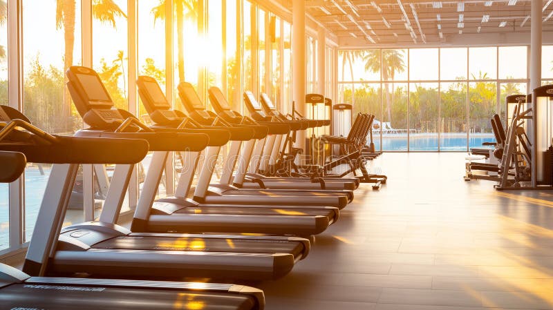Modern Gym Featuring Multiple Treadmills Lined Up Against Large Windows ...