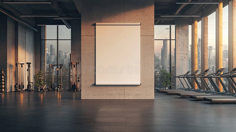 Modern Gym Interior with Empty White Poster on Wall, Equipment and City ...