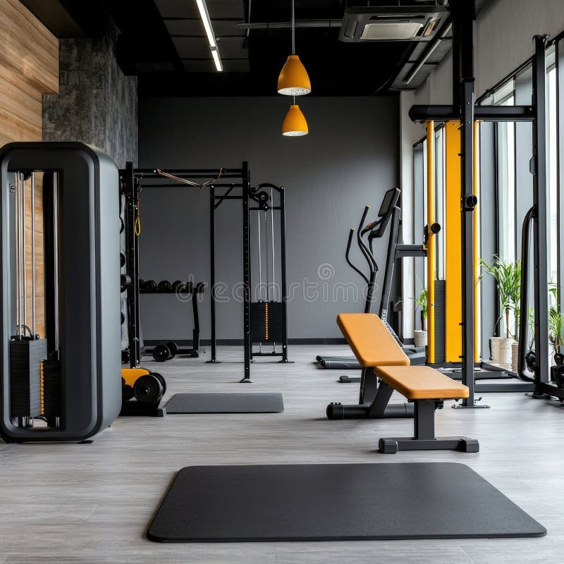 Modern Gym Interior Featuring Fitness Equipment Workout Bench and Open ...