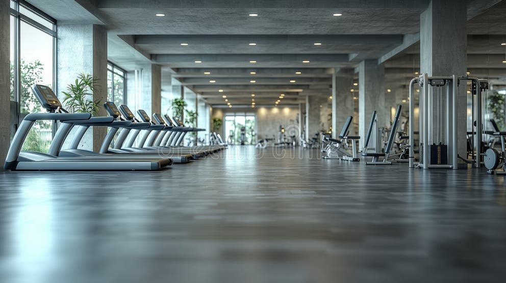 Modern Gym Interior Featuring Treadmills, Exercise Machines, and Large ...