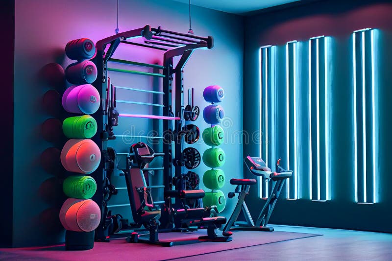 Modern Gym Interior with Neon Illumination, Ai Illustration Stock ...