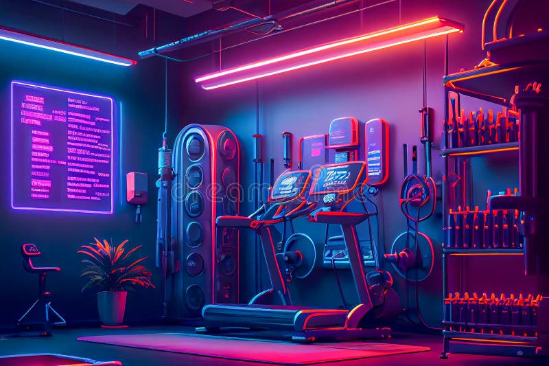 Modern Gym Interior with Neon Illumination, Ai Illustration Stock ...