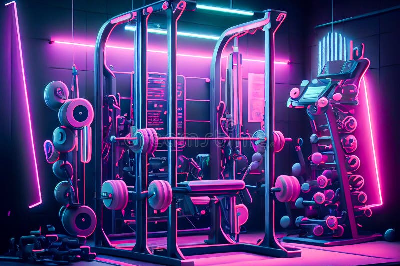 Modern Gym Interior with Neon Illumination, Ai Illustration Stock ...