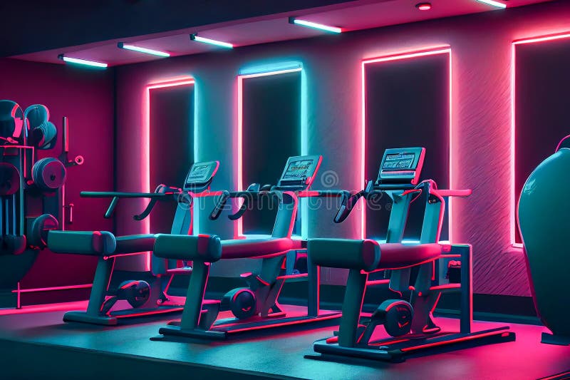 Modern Gym Interior with Neon Illumination, Ai Illustration Stock ...