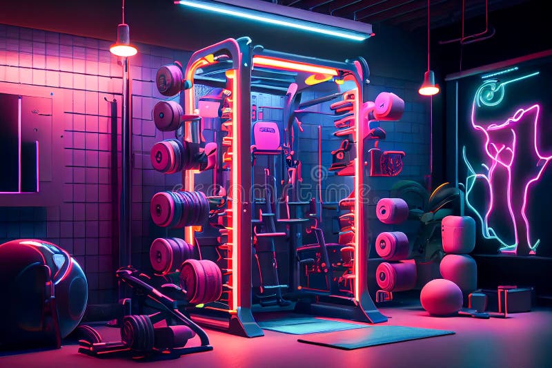 Modern Gym Interior with Neon Illumination, Ai Illustration Stock ...