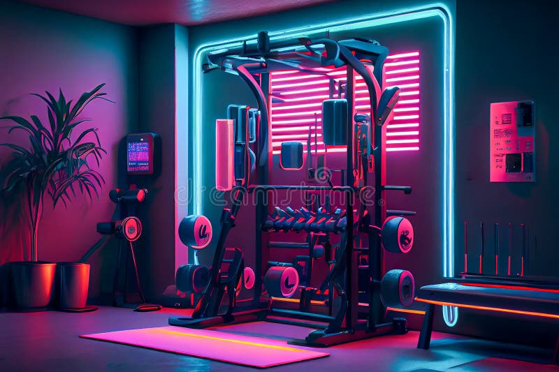 Modern Gym Interior with Neon Illumination, Ai Illustration Stock ...