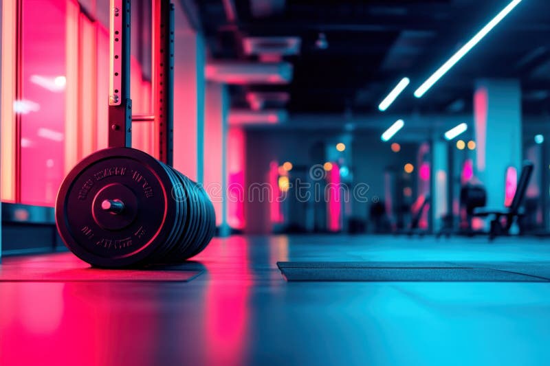 Modern Gym Interior with Neon Lighting and Weights on the Floor during ...