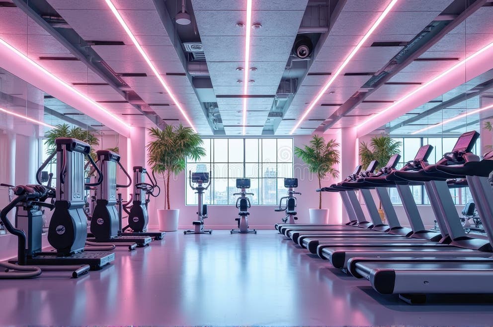 Modern Gym Interior with Pink Lighting and Exercise Equipment Treadmills Stock Image - Image of ...
