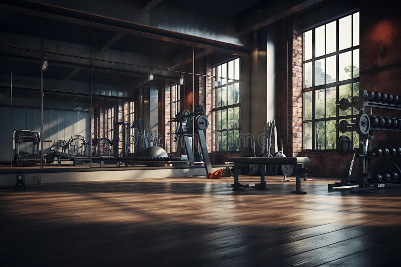 Modern Gym Interior with Rows of Treadmills. 3d Rendering Stock ...