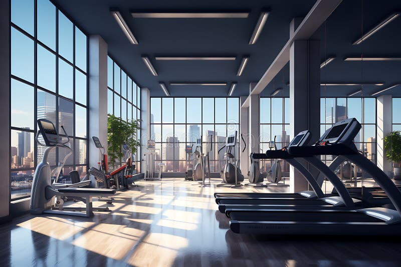 Modern Gym Interior with Rows of Treadmills. 3d Rendering Stock ...